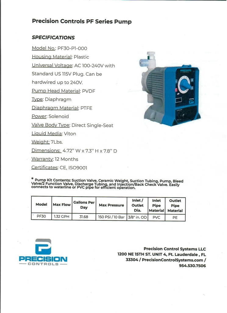 PF30-P1-000 Chemical Metering Pump | Precision Controls | Water ...
